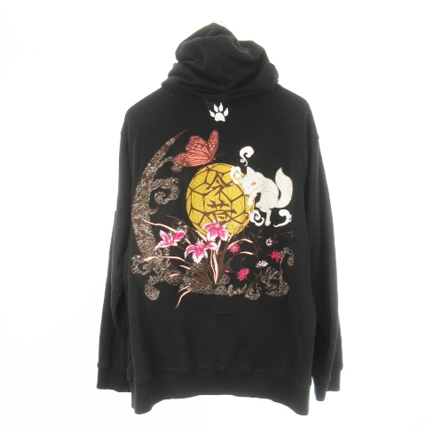【中古】コンジャク 今昔 KON-JAKU スウェットパーカー ジップアップ 和柄刺繍 菖蒲 月見 狐 蝶 ロゴ XL 黒