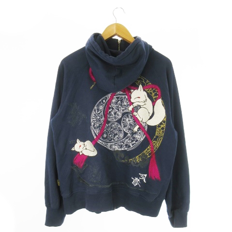 【中古】コンジャク 今昔 KON-JAKU ジップパーカー スウェット 裏毛 和柄 刺繍 狐 花柄 ロゴ XL 紺 ネイビー /AO12