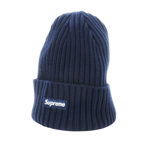 【中古】未使用品 シュプリーム SUPREME ニット帽 ワッチキャップ ビーニー 折り返し ボックスロゴ リブニット 紺