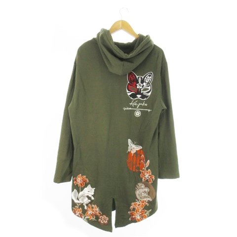 【中古】今昔 KON-JAKU 黒い狐面と百合の花 ジップパーカー スウェット ロング丈 和柄 刺繍 狐 蝶々 花柄 XL 緑