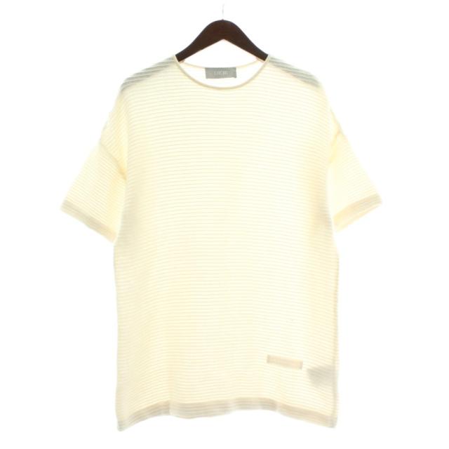 【中古】ディオールオム Dior HOMME ニット Tシャツ カットソー 半袖 リブ編み クルーネック ボーダー ロゴ 刺繍 S 白