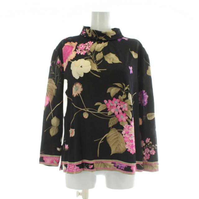 【中古】LEONARD FASHION カットソー トップス ウール シルク混 長袖 ハイネック 肩パッド 花柄 総柄 ロゴ L 黒