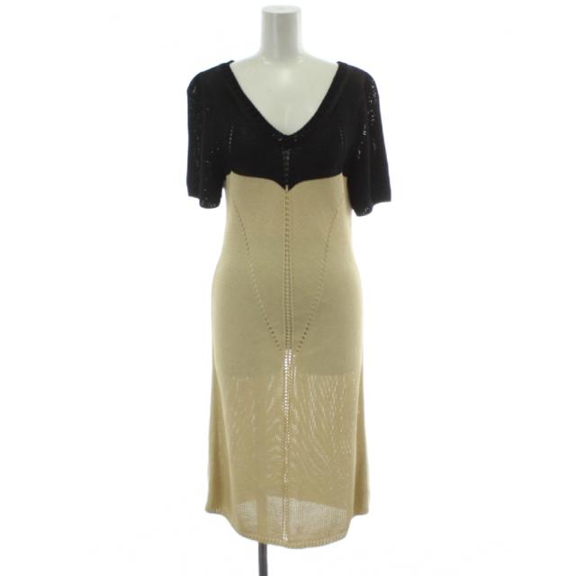 【中古】セリーヌ CELINE ワンピース 半袖 36 ベージュ 黒 ブラック バイカラー ひざ丈 Vネック /PP ■GY19