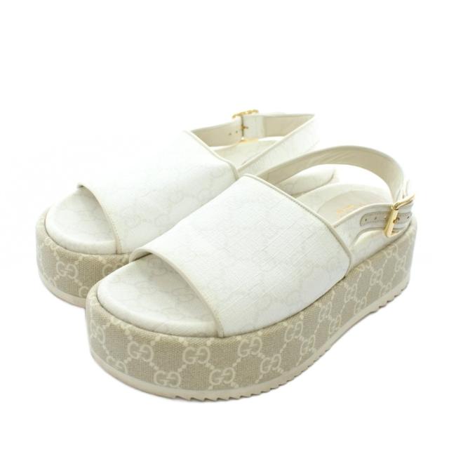 【中古】グッチ GUCCI サンダル プラットフォーム GGスプリーム 厚底 オープントゥ ストラップ 35 22cm 白 701153