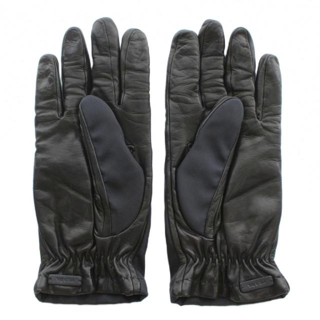【中古】プラダ PRADA 手袋 グローブ 5本指 羊革 ラムレザー ナイロン 切り替え 内側カシミヤ ロゴ 8.5 黒 ブラック