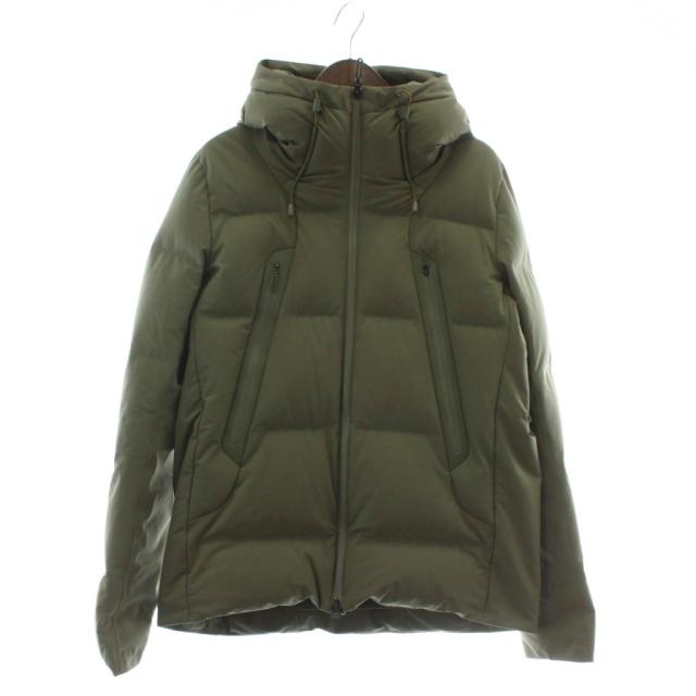 【中古】DESCENTE 水沢ダウンジャケット マウンテニア フード ハイネック ジップアップ ロゴ O カーキ DAMSGK30U