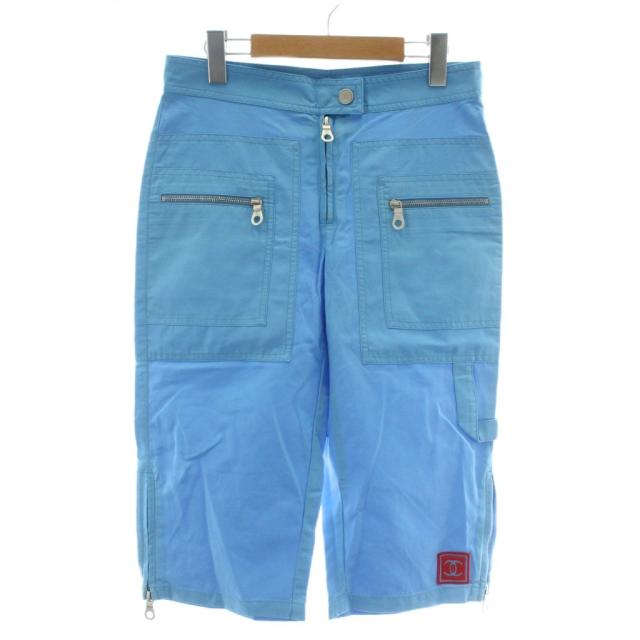 【中古】シャネル CHANEL スポーツライン クロップドパンツ ココマーク 刺繍 ワッペン ジップフライ 青 P19424V11331