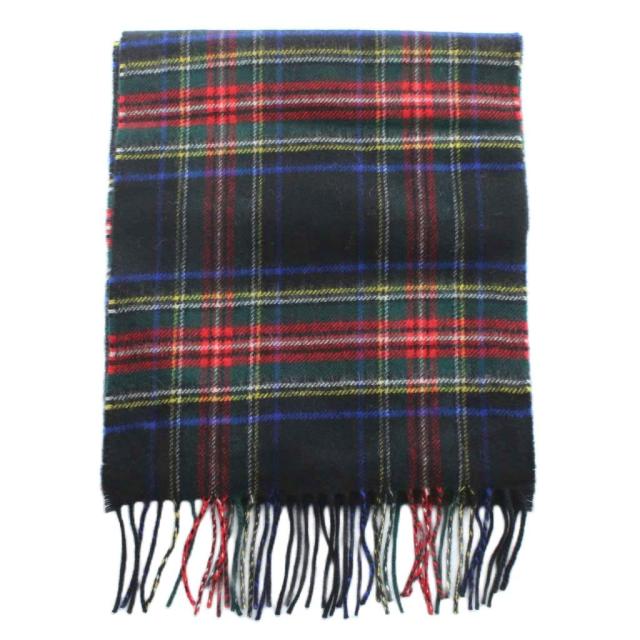 【中古】未使用品 Johnstons of Elgin マフラー ストール カシミヤ チェック柄 総柄 フリンジ 180×25cm マルチカラー