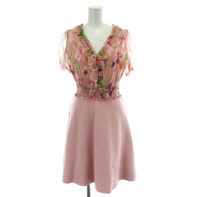 【中古】未使用品 ブルマリン Blumarine ワンピース 絹 シルク 38 ピンク マルチカラー 花柄 レース フリル ニット