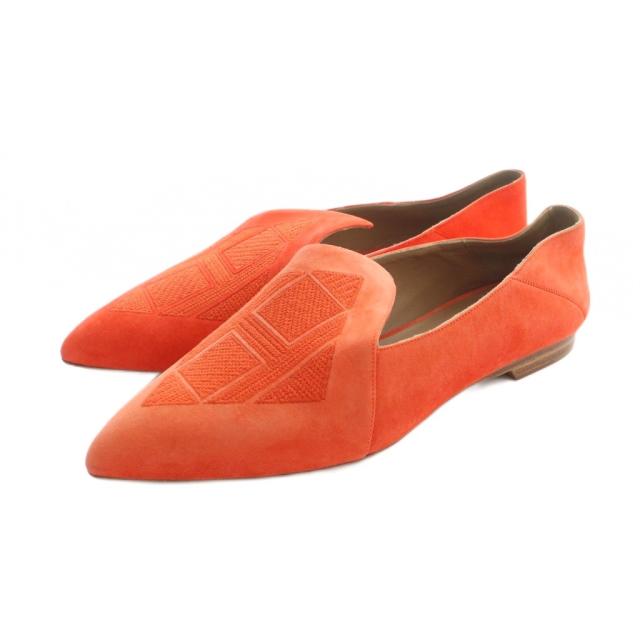 【中古】エルメス HERMES フラットシューズ スリッポン Hロゴ刺繍 ポインテッドトゥ ロゴ 37.5 24-24.5cm オレンジ