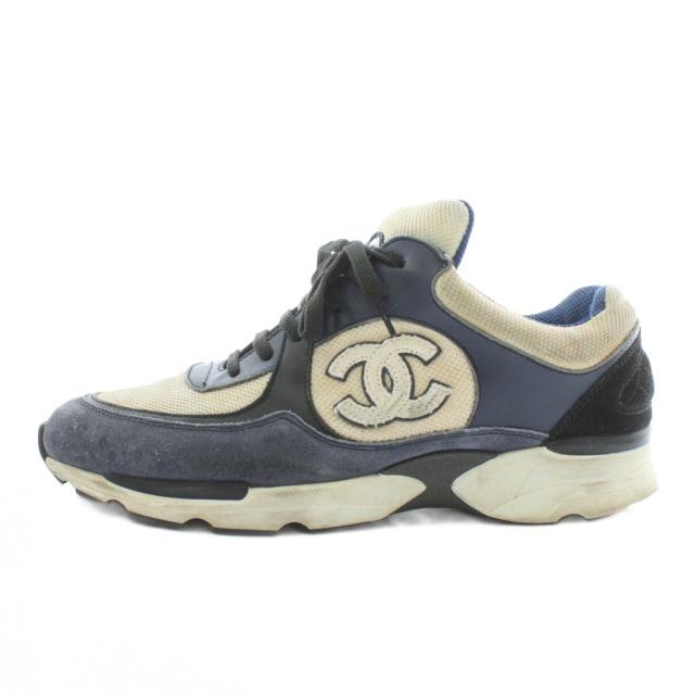 【中古】シャネル CHANEL スニーカー スエード レザー ローカット ココマーク 37 23.5cm 紺 ネイビー 黒 ブラック