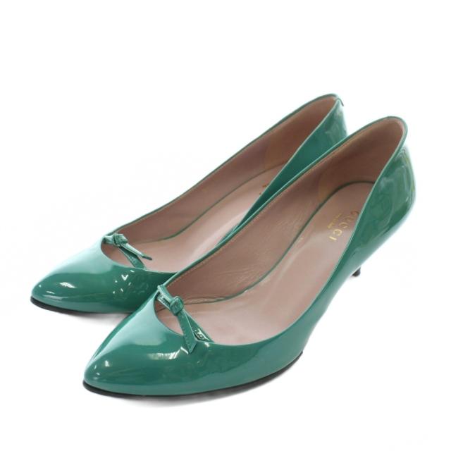 【中古】グッチ GUCCI パンプス エナメル ポインテッドトゥ ヒール リボン 35.5 22.5cm 緑 グリーン 323516