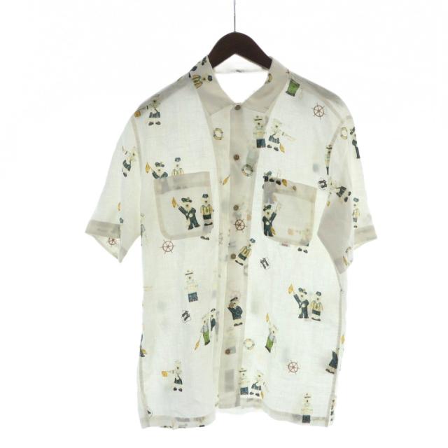 【中古】パパス Papas アロハシャツ ステンカラー 半袖 麻 リネン ロゴ くま 総柄 48 M 白 ホワイト ■GY19 /MQ