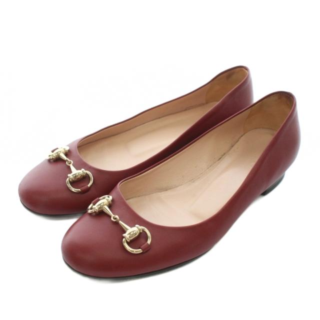【中古】グッチ GUCCI パンプス フラット レザー ラウンドトゥ ローヒール ホースビット ゴールド金具 37.5 24.5cm 赤