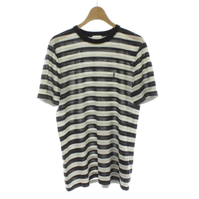 【中古】サンローラン パリ SAINT LAURENT PARIS 2020年製 Tシャツ ウール XS 黒 ブラック ベージュ ボーダー柄