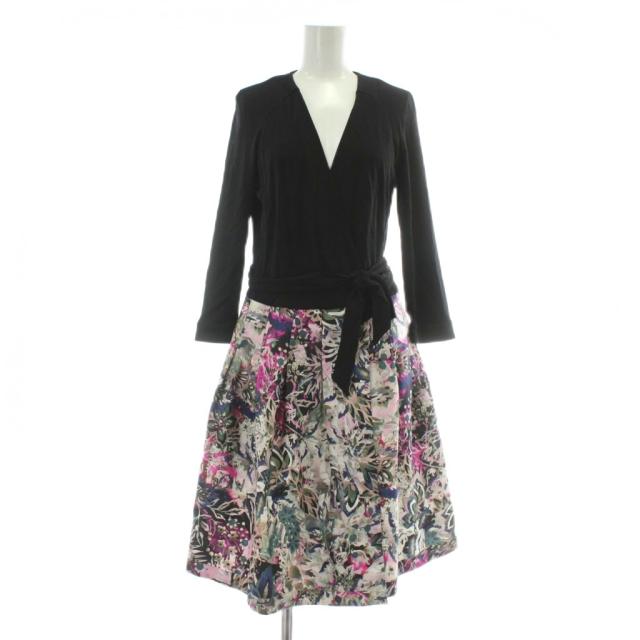 【中古】DIANE von FURSTENBERG JEWEL ラップワンピース ウール シルク混 七分袖 ひざ丈 花柄 6 M 黒 マルチカラー
