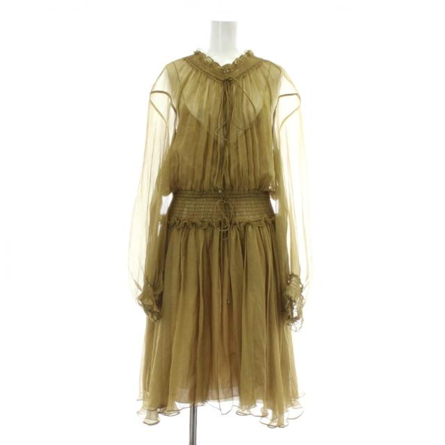 【中古】クロエ CHLOE ワンピース 絹 シルク 長袖 シフォン シアー ひざ丈 フリル リボン紐 36 S カーキ 茶色