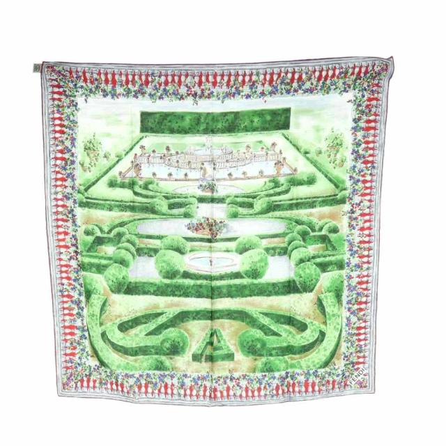 【中古】フェンディ FENDI 大判スカーフ ストール 庭 総柄 ロゴ 絹 シルク マルチカラー ■GY19 /MQ ■OH