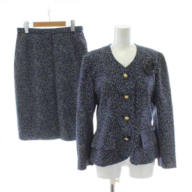 【中古】キミジマ KIMIJIMA セットアップ ノーカラージャケット タイトスカート ウール 9 ネイビー 紺色 総柄 膝丈