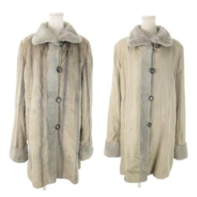 【中古】Chombert リバーシブル ミンク ウィーゼル ファー コート ロング ステンカラー 毛皮 シルク 絹 グレー