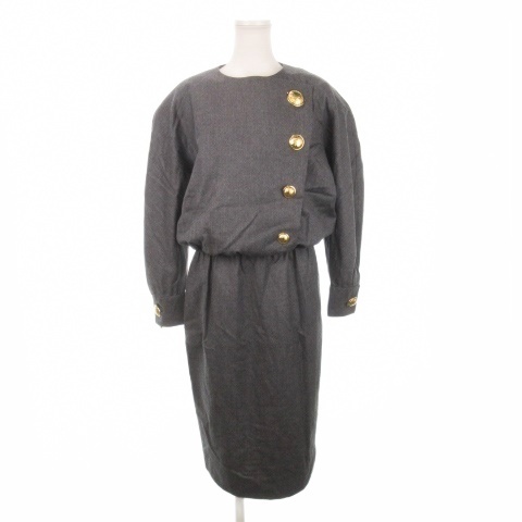 【中古】アクリス ヴィンテージ ワンピース ひざ丈 長袖 金ボタン 肩パッド ウール カシミア混 42 XL グレー