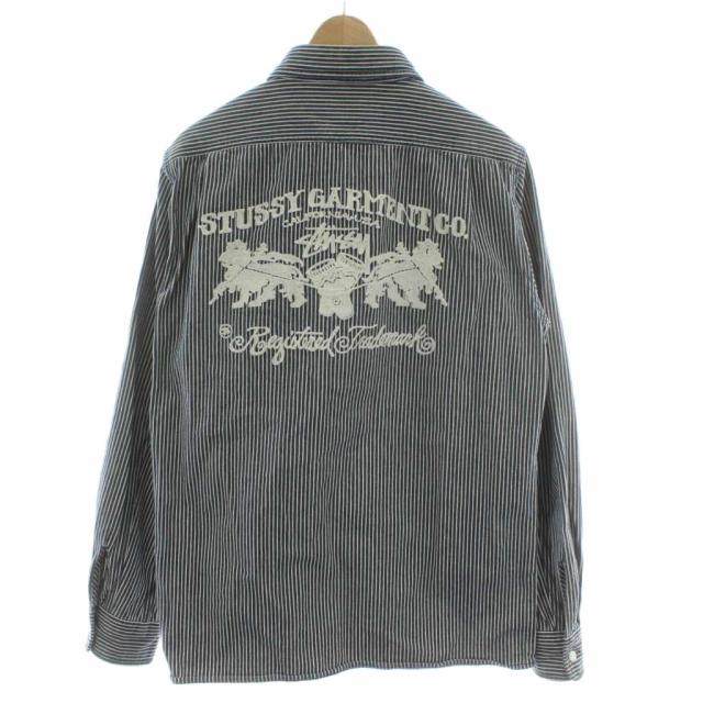 【中古】ステューシー STUSSY ヒッコリーシャツ 長袖 ストライプ S ネイビー 紺色 ホワイト 白 刺繍 バックデザイン