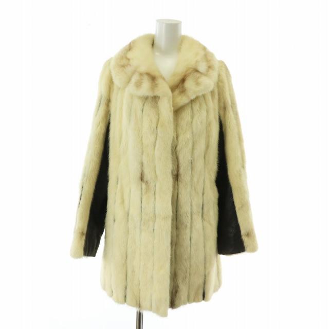 【中古】ノーブランド ファーコート アウター 毛皮 ミンク レザー 切り替え ミドル 白 茶色 黒