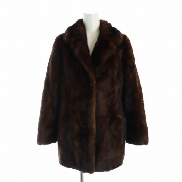 【中古】ノーブランド品 毛皮コート ミンクファー ミドル 長袖 総裏地 ネーム刺繍入り 茶 ブラウン レディース