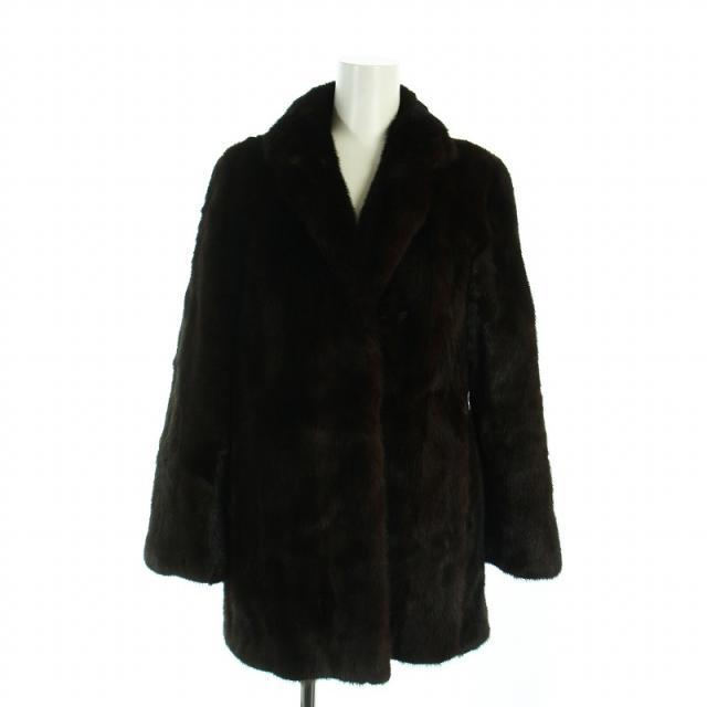 【中古】アルティマ Altima 毛皮コート ミンクファー ミドル 絹 シルク ネーム刺繍入り 茶 ブラウン