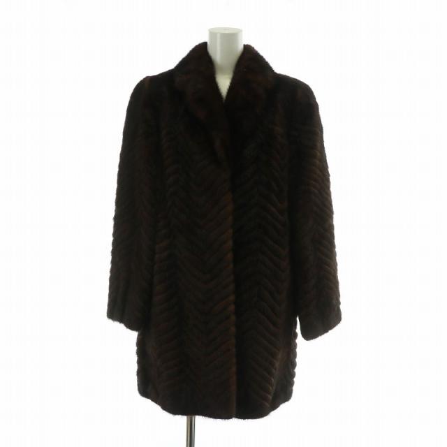 【中古】パロディ palody ファーコート アウター 毛皮 ミンク ミドル 肩パッド ヘリンボーン 裏地刺繍 11 L 茶色