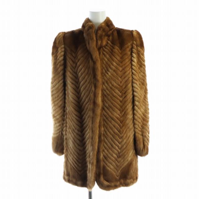 【中古】ロティニー ROTNY シェブロン ミンクファー コート ミドル 毛皮 長袖 総裏地 9 M 茶 ブラウン レディース