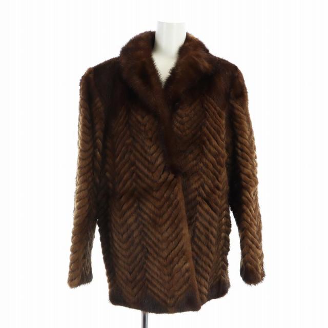 【中古】ノーブランド品 毛皮コート ミンクファー 長袖 総裏地 ミドル 大きいサイズ 15 XXL 茶 ブラウン レディース