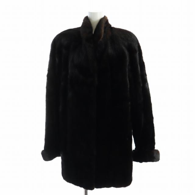 【中古】ノーブランド品 毛皮コート ミンクファー ミドル 長袖 総裏地 ネーム刺繍入り F 茶 ブラウン