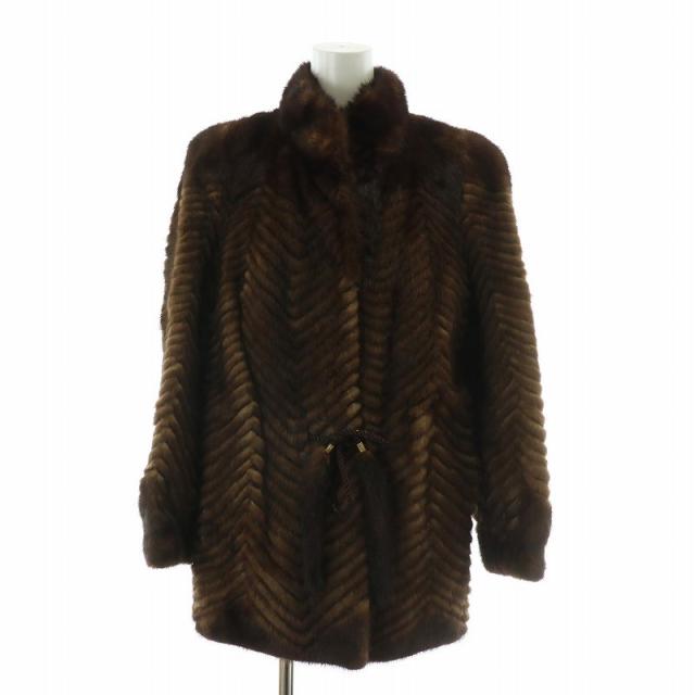 【中古】ノーブランド ファーコート アウター 毛皮 ミンク ミドル 肩パッド フリンジ ベルト 13 XL 茶色 ブラウン