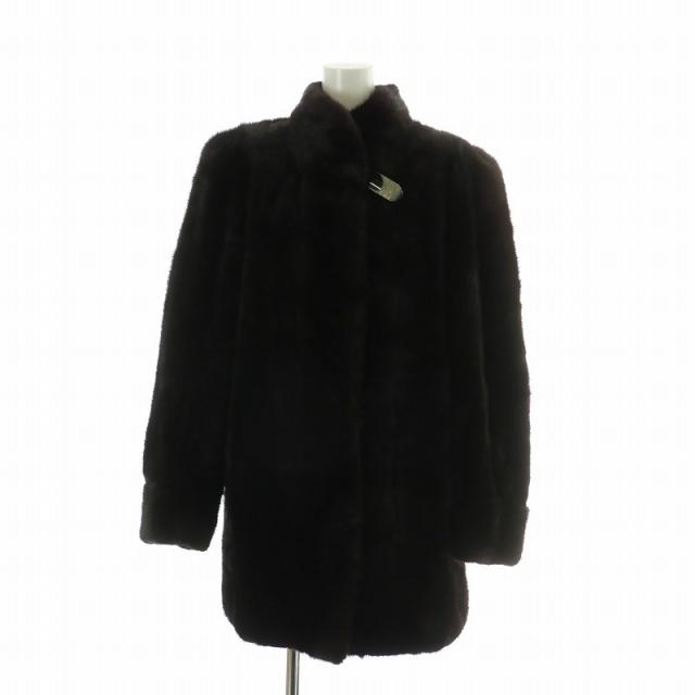 【中古】ノーブランド ファーコート アウター 毛皮 ミンク ミドル 肩パッド 裏地刺繍 13 XL 茶色 ブラウン