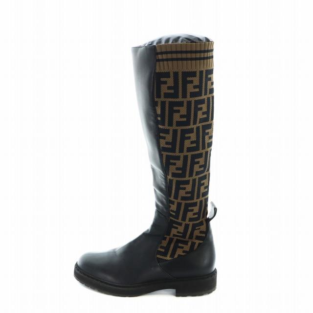 【中古】フェンディ FENDI ニットブーツ ロング FF柄 ズッカ柄 レザー ロゴ 36 23cm 茶 ブラウン 黒 ブラック