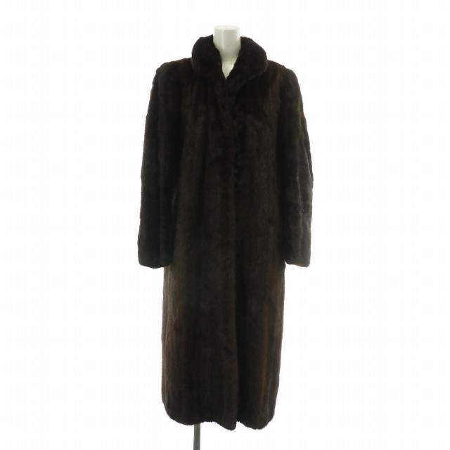 【中古】ノーブランド ファーコート アウター 毛皮 ミンク ロング 肩パッド 裏地刺繍 大きいサイズ 15 XXL 茶色