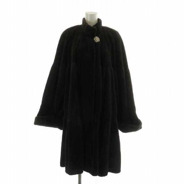 【中古】ノーブランド ファーコート アウター 毛皮 シェアードミンク ロング 肩パッド 裏地総柄 黒 ブラック