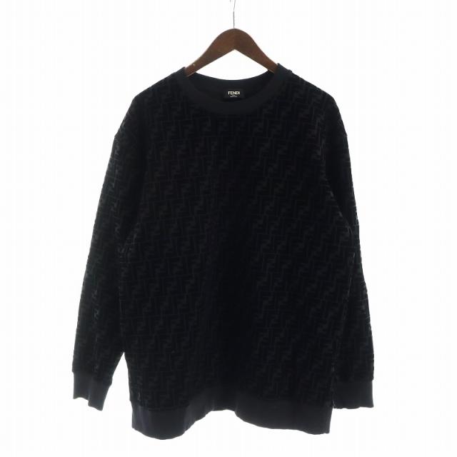 【中古】フェンディ FENDI スウェット トレーナー 長袖 ベロア ズッカ柄 ロゴ 総柄 M 黒 ブラック メンズ