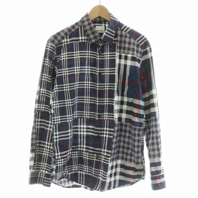 【中古】バーバリー ロンドン BURBERRY LONDON シャツ チェック パッチワーク風 長袖 コットン M 紺 ネイビー メンズ