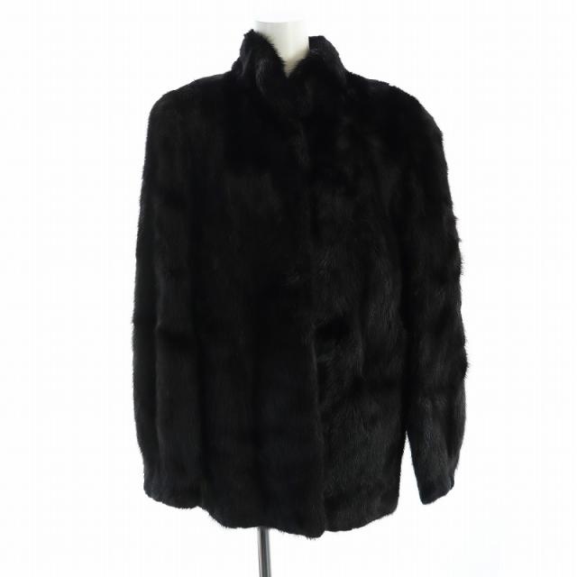 【中古】ノーブランド品 毛皮コート ミンクファー 長袖 総裏地 ミドル ネーム刺繍入り 11 L 黒 ブラック レディース