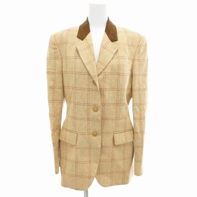 【中古】エトロ テーラードジャケット ブレザー シングル チェック 裏ペイズリー柄 シルク リネン混 42 ベージュ