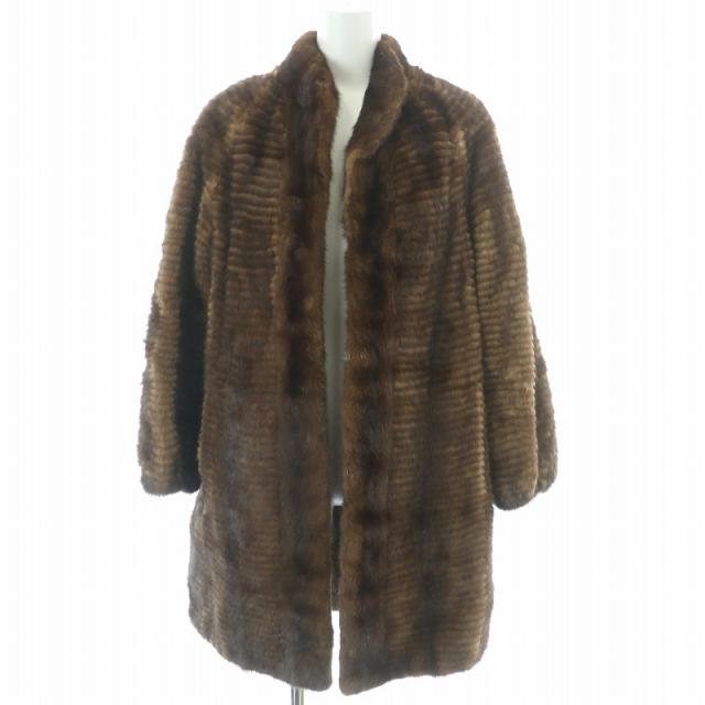 【中古】ファーコート ハーフ ミドル ミンクファー 毛皮 ボーダー柄 総裏地 刺繍 花柄 茶色 ブラウン レディース