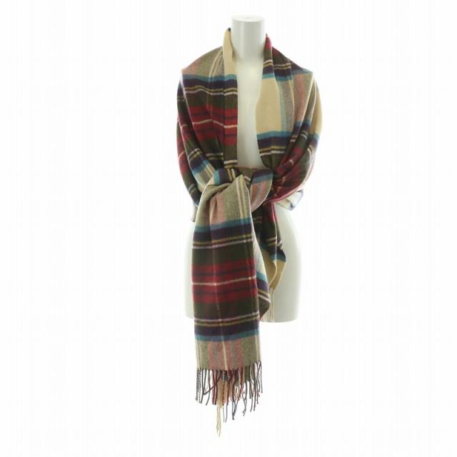 【中古】ジョンストンズオブエルガン Johnstons of Elgin 大判ストール マフラー チェック柄 ロゴ カシミヤ フリンジ