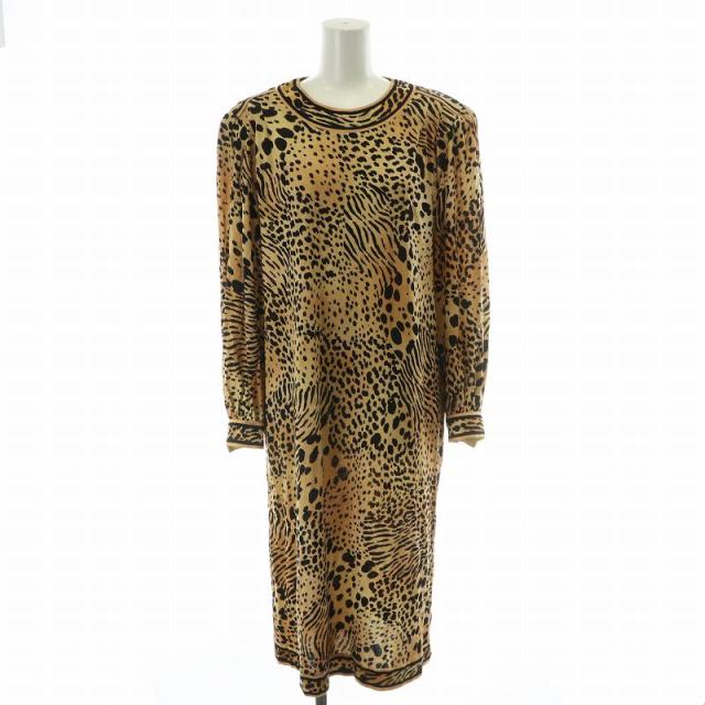 【中古】レオナール ファッション ワンピース ロング 長袖 ヒョウ柄 レオパード柄 総柄 ベージュ 黒