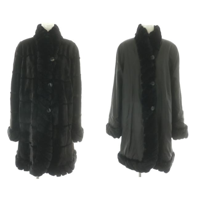 【中古】ノーブランド リバーシブル ファーコート 毛皮コート ウィーゼルファー ラビットファー シルク 黒