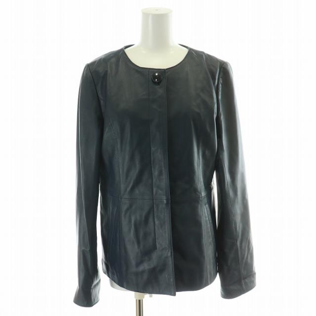 【中古】バルマン BALMAIN レザージャケット ノーカラー 革ジャン 羊革 11 L 紺 ネイビー /MW ■GY18 レディース