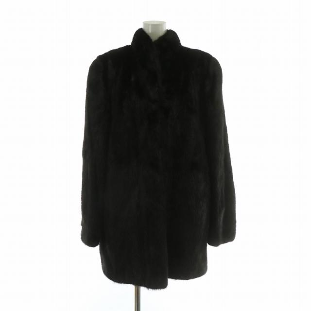 【中古】サガミンク SAGA MINK 銀サガ ファーコート アウター 毛皮 ミンク ミドル 肩パッド 裏地刺繍 13 XL 黒