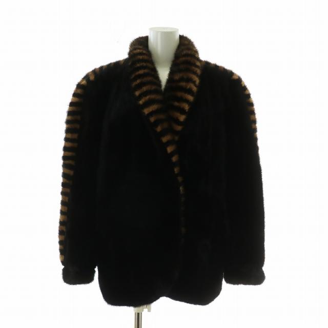 【中古】COEUR ファーコート アウター 毛皮 ミンク ミドル ボーダー 11 L 茶色 ブラウン /XZ ■GY18 レディース