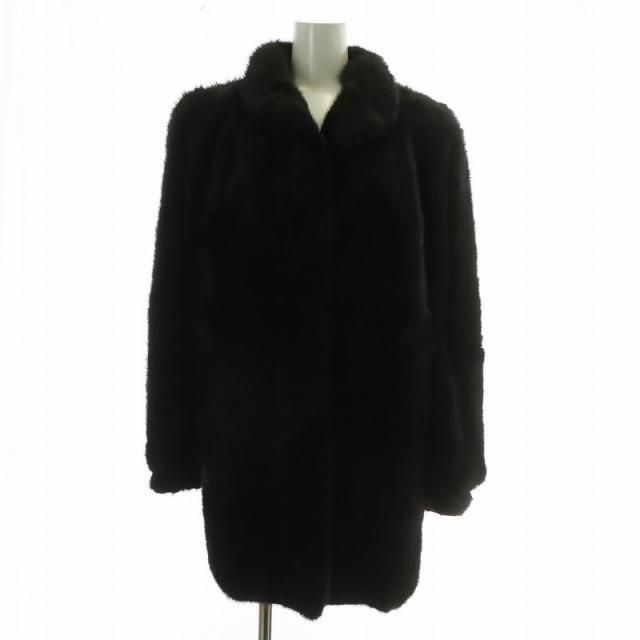 【中古】ノーブランド ファーコート アウター 毛皮 ブラックミンク ミドル 肩パッド 大きいサイズ 15 XXL 黒 ブラック